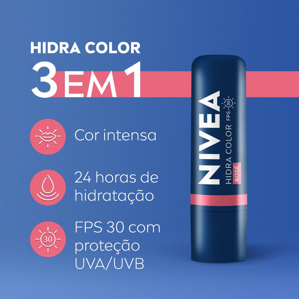 Hidratante Labial Nivea Hidra Color FPS30 Rosé 4,8g - Drogaria Globo
